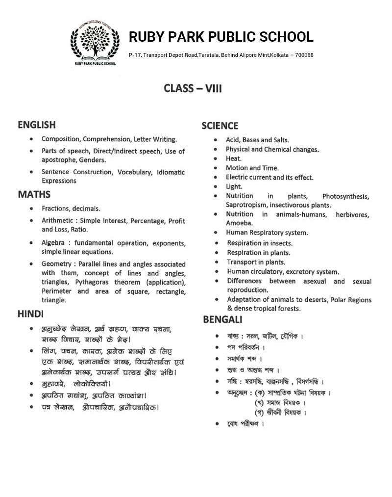 Syllabus For Assessment - Ruby Park Public School